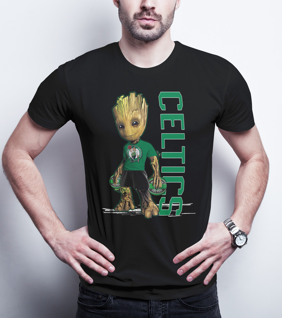 Groot Celtics Boston Fan Art Marvel Basketball Collaboration T-Shirt