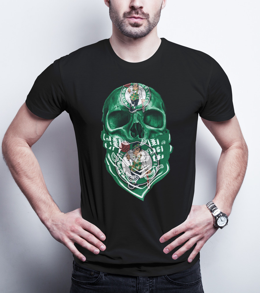 Boston Celtics Skull With Iconic Logos And Green Bandana T-Shirt