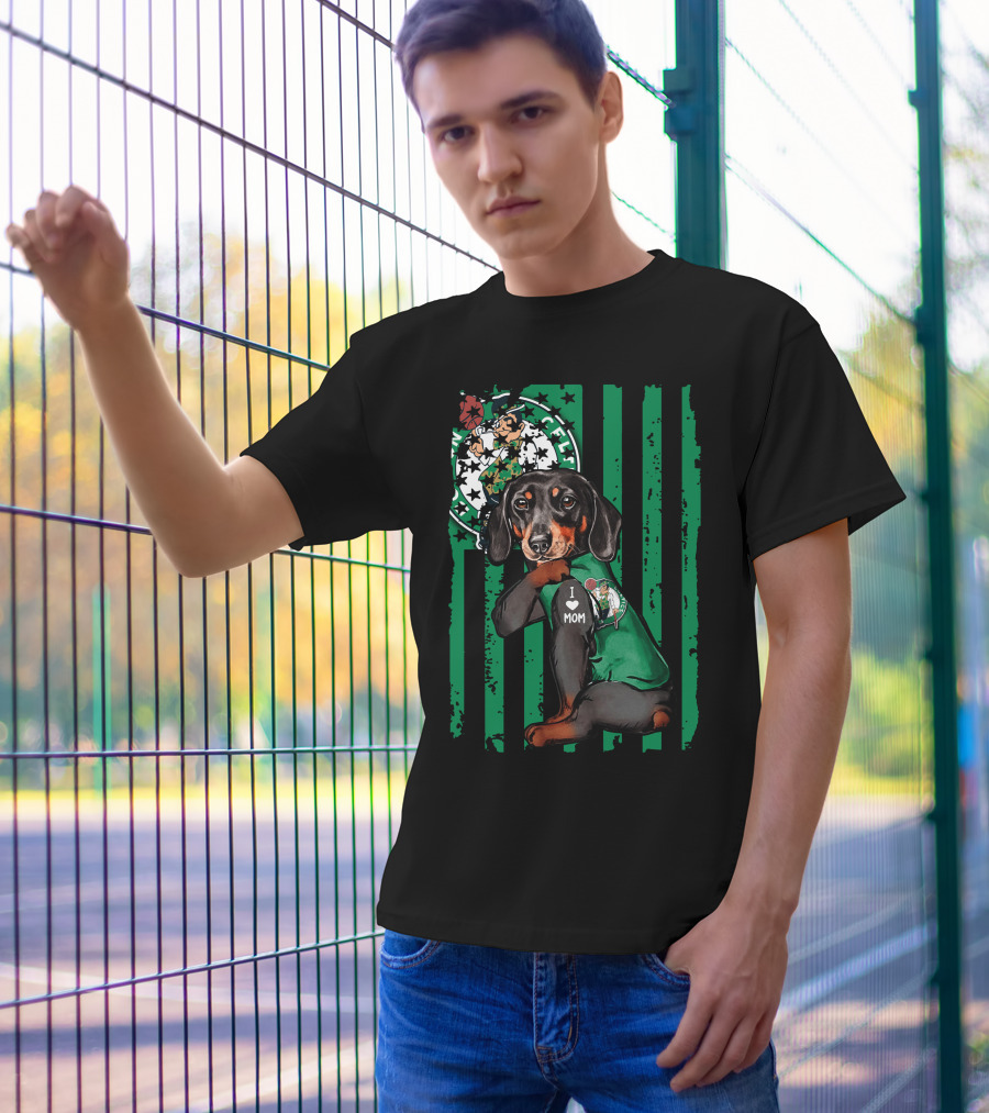 Dachshund Wearing I Love Mom Shirt With Boston Celtics Logo And Mascot T-Shirt