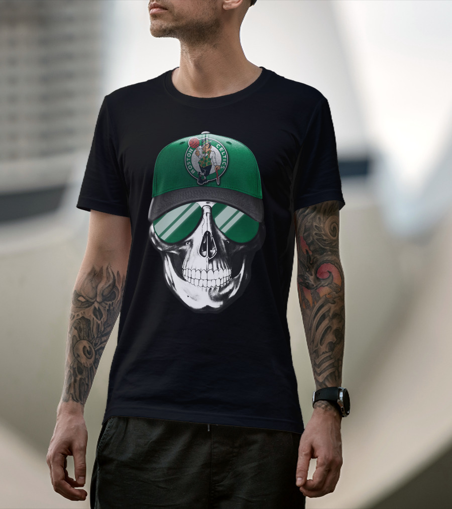 Boston Celtics Skull With Hat And Sunglasses T-Shirt