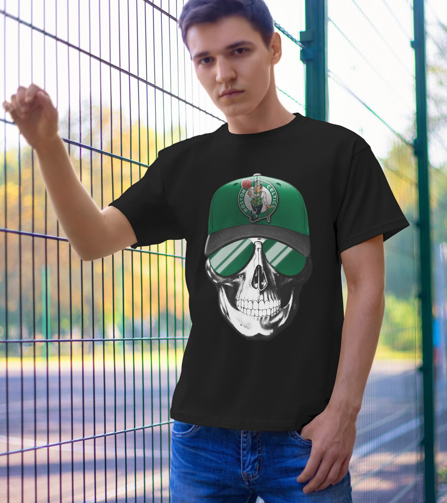 Boston Celtics Skull With Hat And Sunglasses T-Shirt