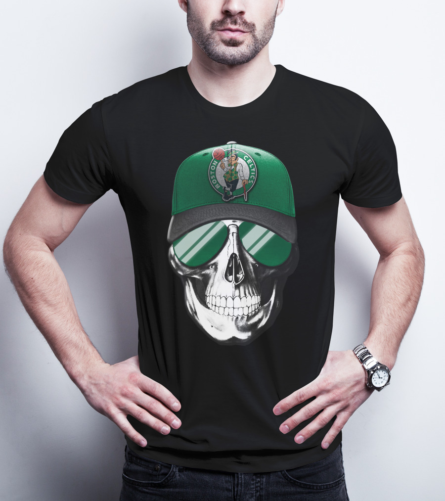 Boston Celtics Skull With Hat And Sunglasses T-Shirt