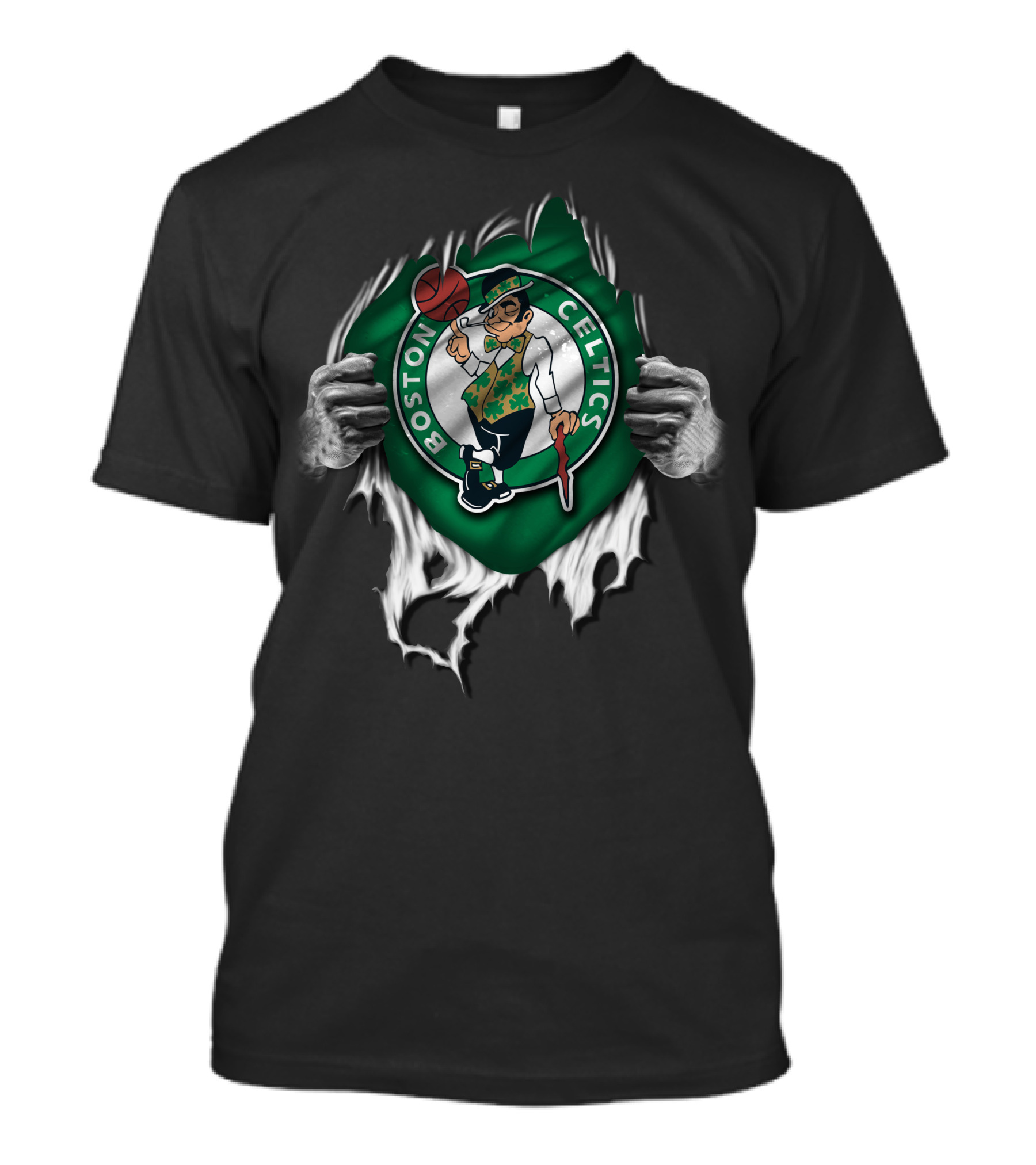Torn Boston Celtics Ripped Logo Hands Peeling Away Revealing Team Emblem T-Shirt