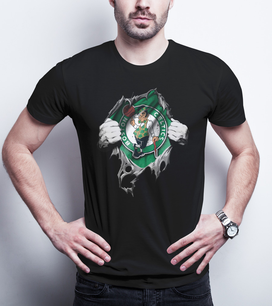 Boston Celtics Logo Torn Through Green And Black T-Shirt