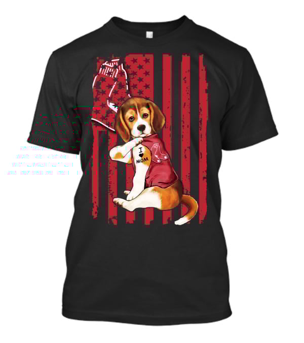 Beagle Puppy With Boston Red Sox Jersey And I Love Mom Tattoo On American Flag Background T-Shirt