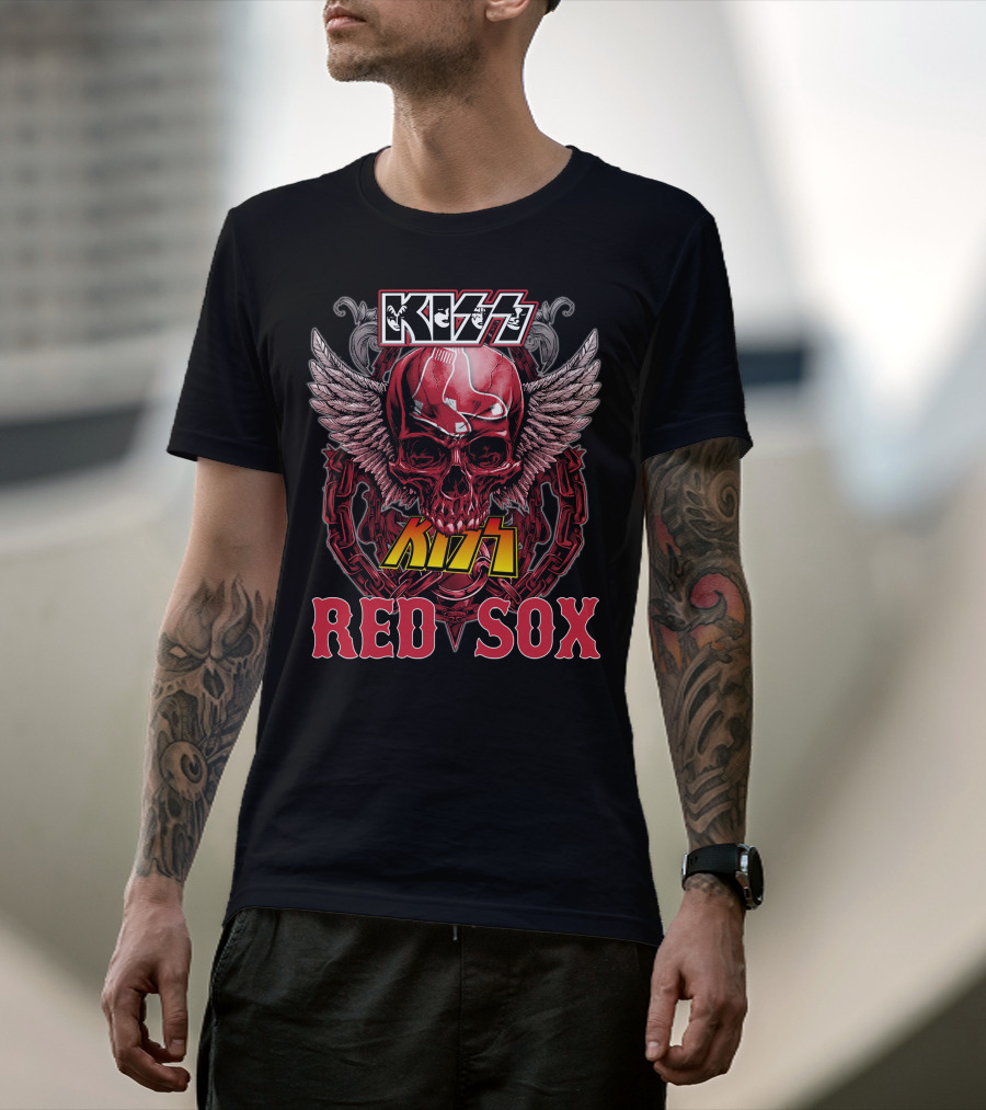 KISS Boston Red Sox Skull Chains Wings T-Shirt