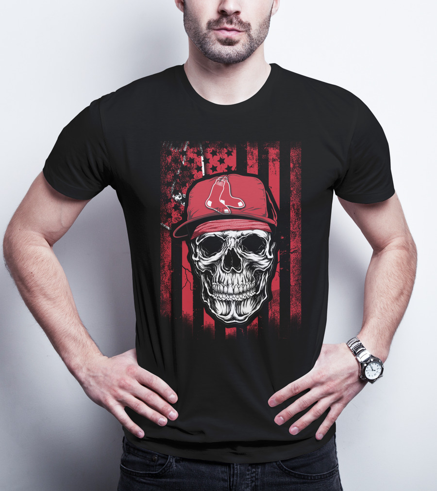 Boston Red Sox Skull Logo Cap On Red And Black T-Shirt