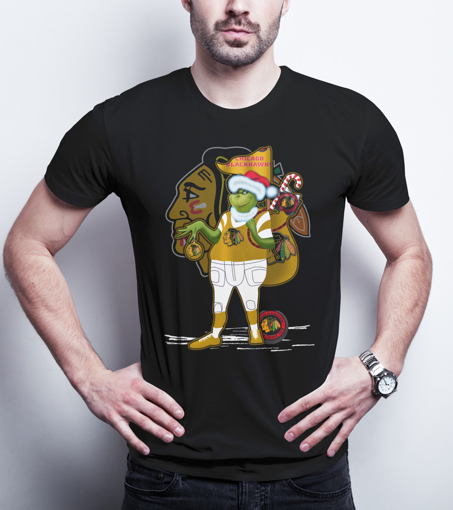Chicago Blackhawks Grinchxmas Santa Hat Candy Cane Holiday T-Shirt
