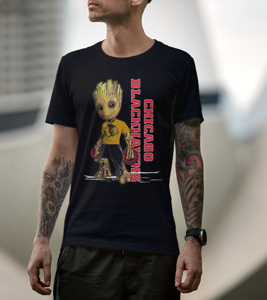 Groot Chicago Blackhawks Holding Hockey Pucks T-Shirt