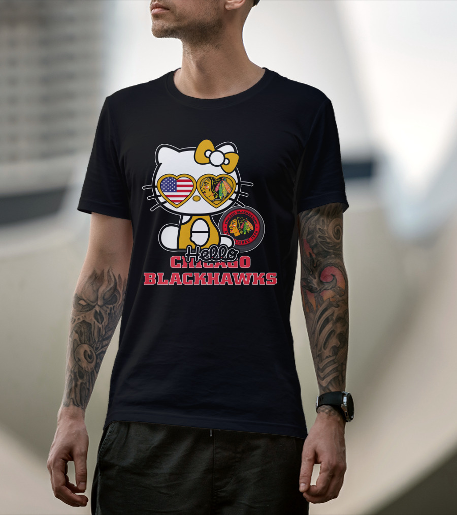 Hello Kitty Chicago Blackhawks American Flag Hockey Fan T-Shirt