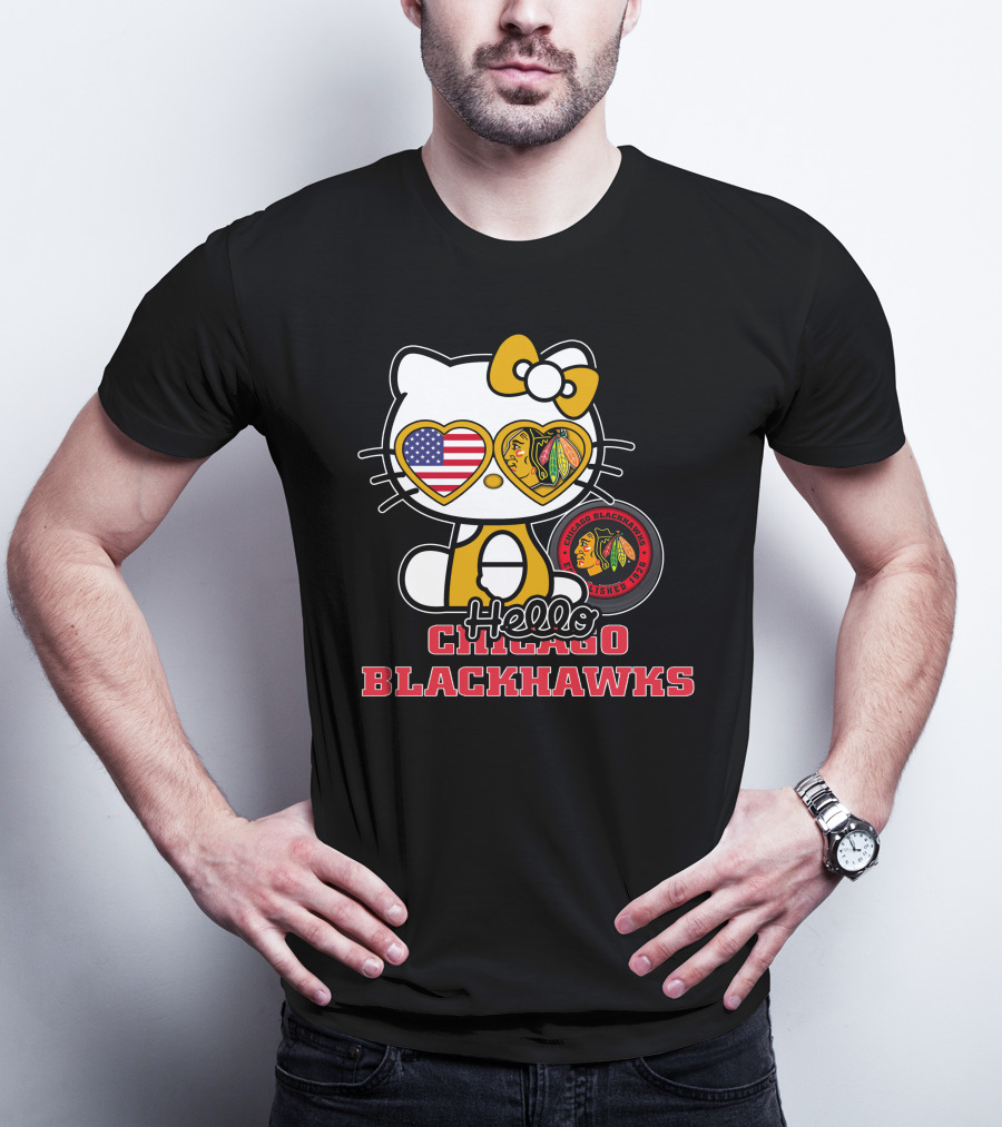 Hello Kitty Chicago Blackhawks American Flag Hockey Fan T-Shirt