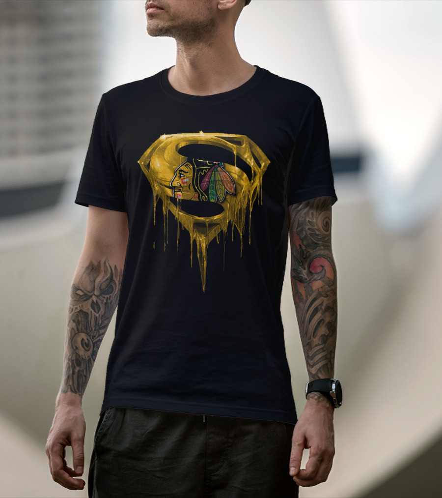 Superman Symbol With Chicago Blackhawks Logo Dripping Gold T-Shirt