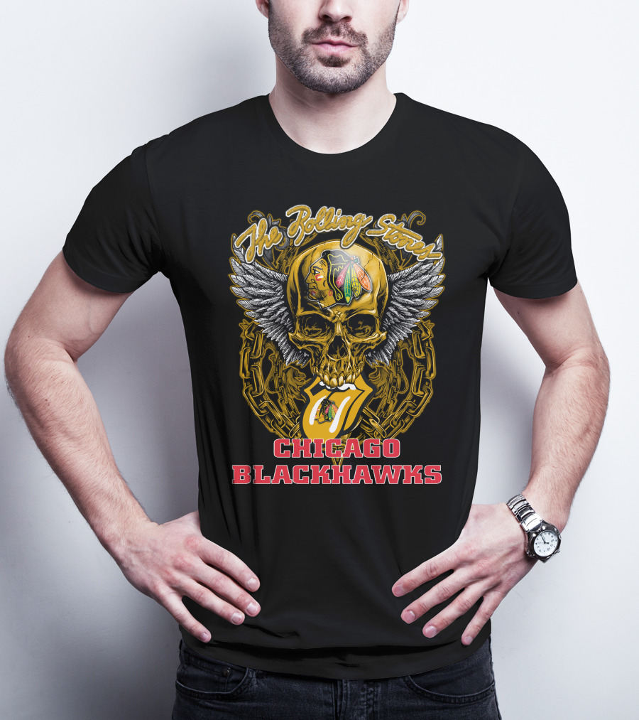 The Rolling Stones Tongue And Wings Skull With Chicago Blackhawks T-Shirt