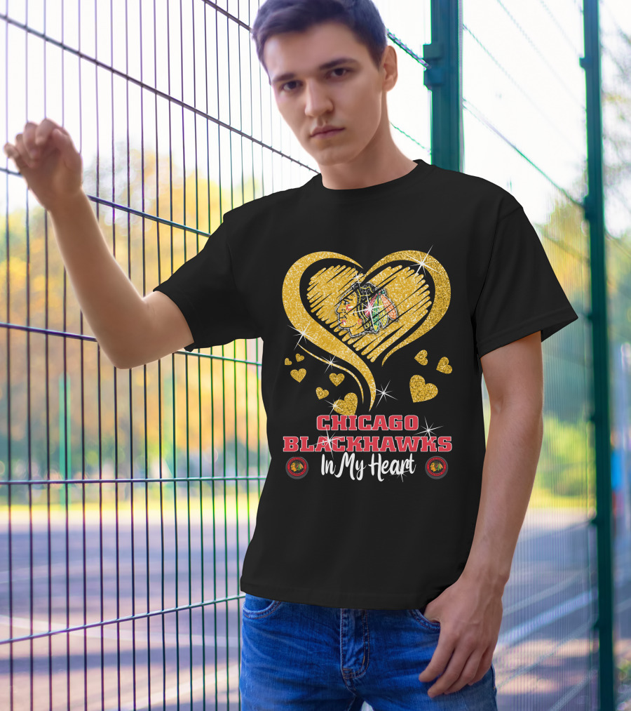 Chicago Blackhawks In My Heart Golden Glitter Logo Hearts T-Shirt