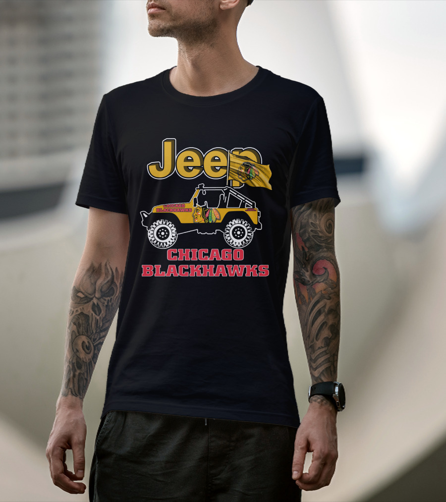 Jeep Chicago Blackhawks Off-Road Vehicle With Team Logo And Flag T-Shirt