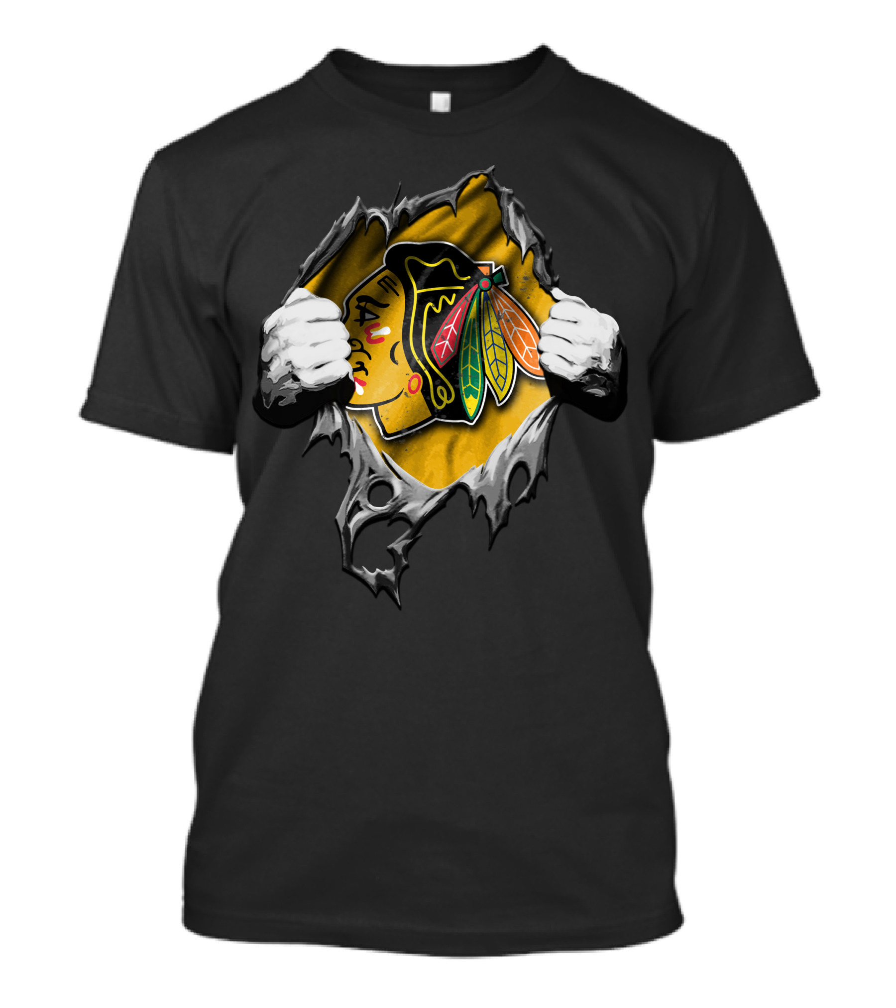 Torn Chicago Blackhawks Logo Peeking Through Ripped Fabric T-Shirt