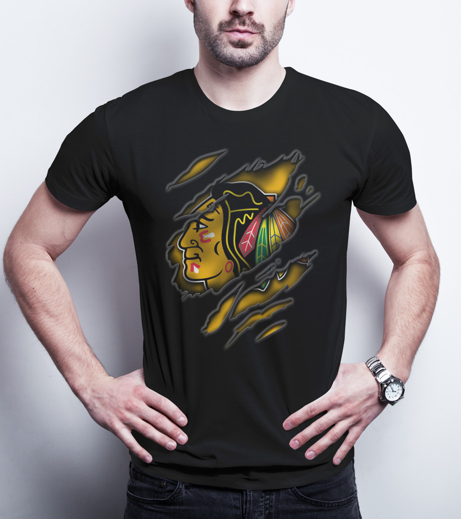Torn Chicago Blackhawks Logo Claw Marks Yellow And Black T-Shirt