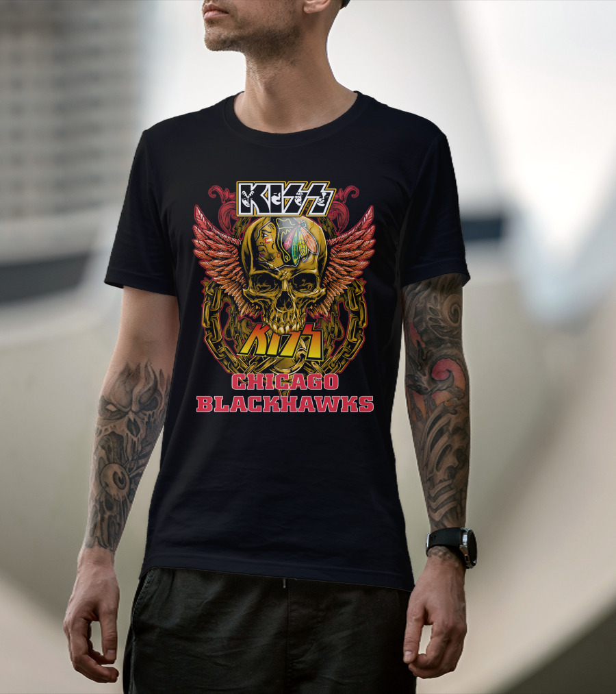 Kiss Chicago Blackhawks Skull With Wings And Chains T-Shirt