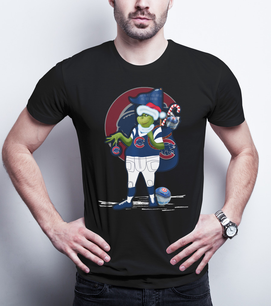Grinchxmas Chicago Cubs Christmas Spirit With Santa Hat And Candy Cane T-Shirt