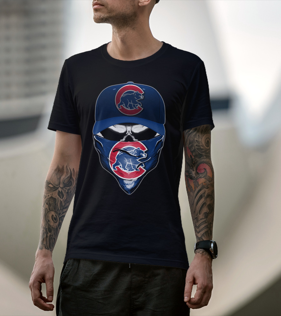 Skull Wearing Chicago Cubs Hat And Bandana T-Shirt