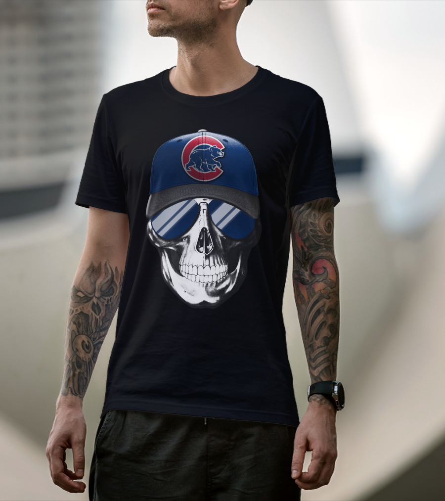 Skull Wearing Chicago Cubs Hat With Reflective Sunglasses T-Shirt