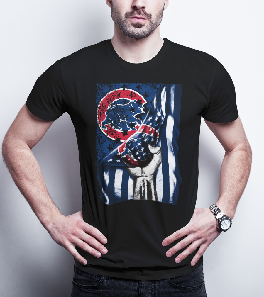 Chicago Cubs American Flag Blue Bear Emblem T-Shirt