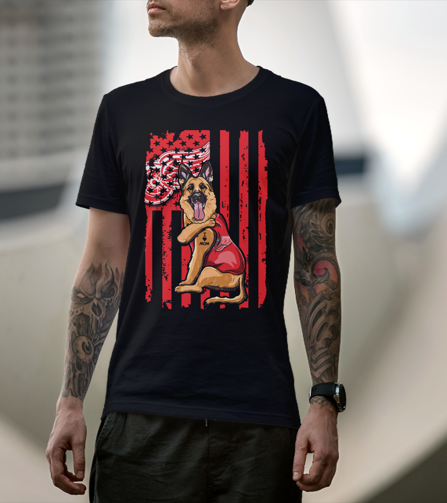German Shepherd With Detroit Red Wings And I Love Mom Tattoo Flag Background T-Shirt