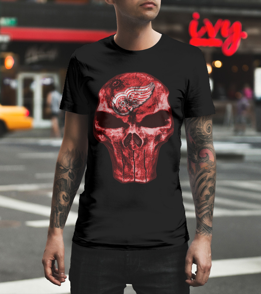 Skull Detroit Red Wings Grunge Style Emblem T-Shirt