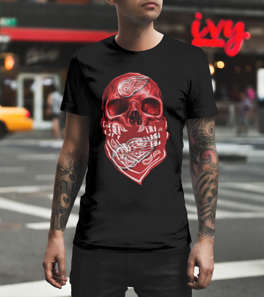 Skull With Detroit Red Wings Bandana T-Shirt