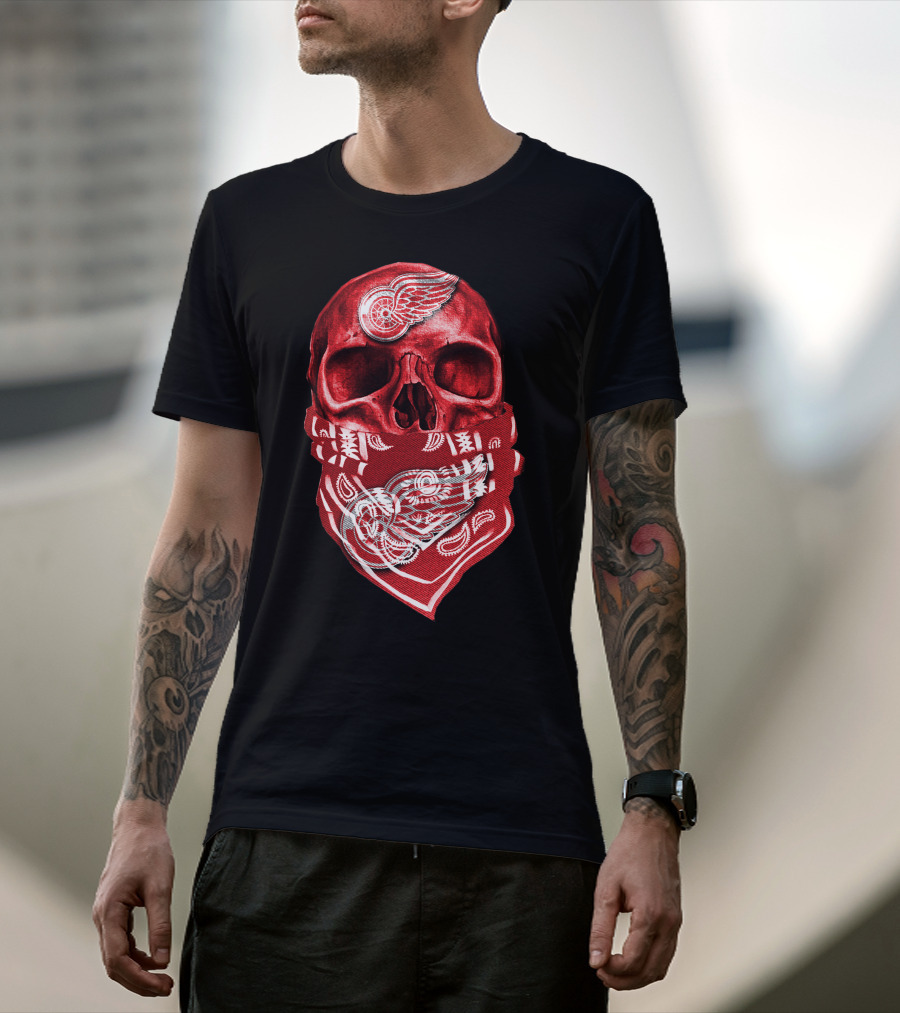 Skull With Detroit Red Wings Bandana T-Shirt