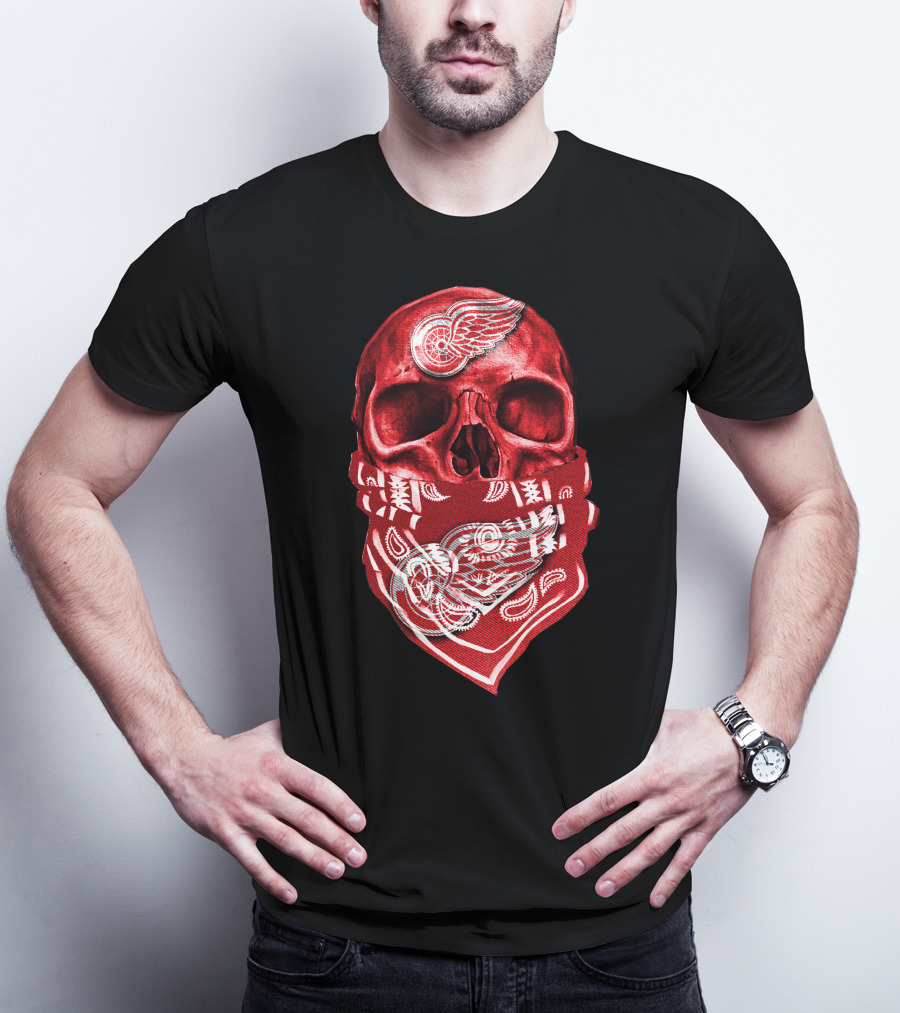 Skull With Detroit Red Wings Bandana T-Shirt