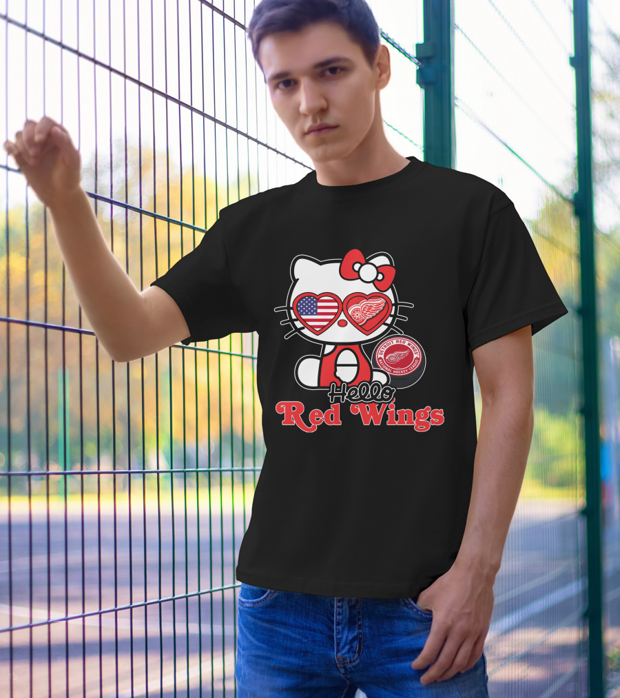 Hello Kitty Detroit Red Wings NHL American Flag T-Shirt