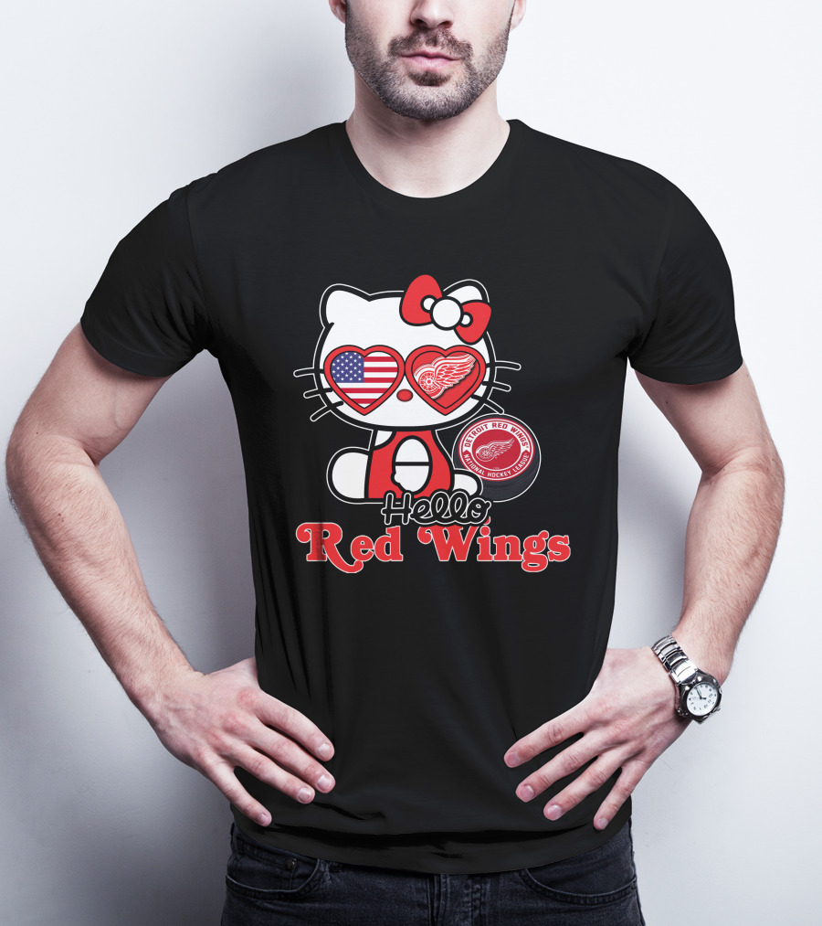 Hello Kitty Detroit Red Wings NHL American Flag T-Shirt
