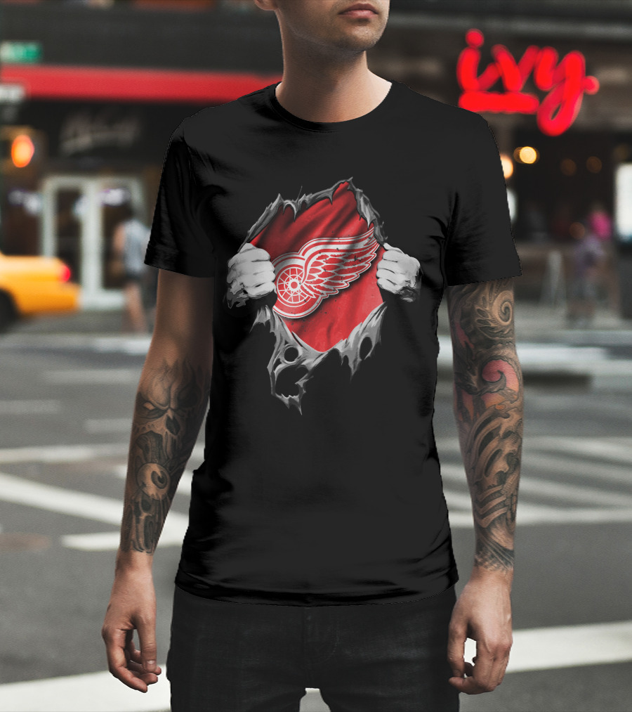 Detroit Red Wings Hockey Emblem Behind Ripped Fabric Peeking Out T-Shirt