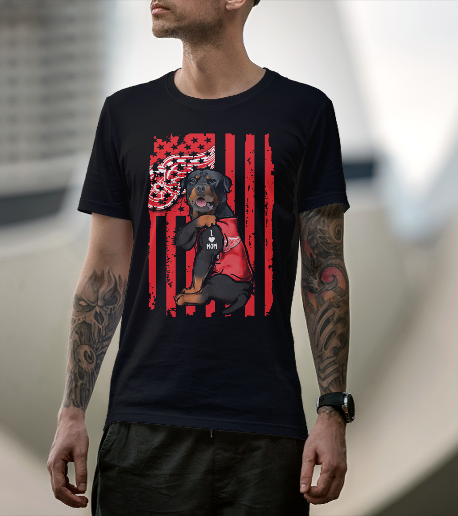 Rottweiler I Love Mom Detroit Red Wings American Flag T-Shirt