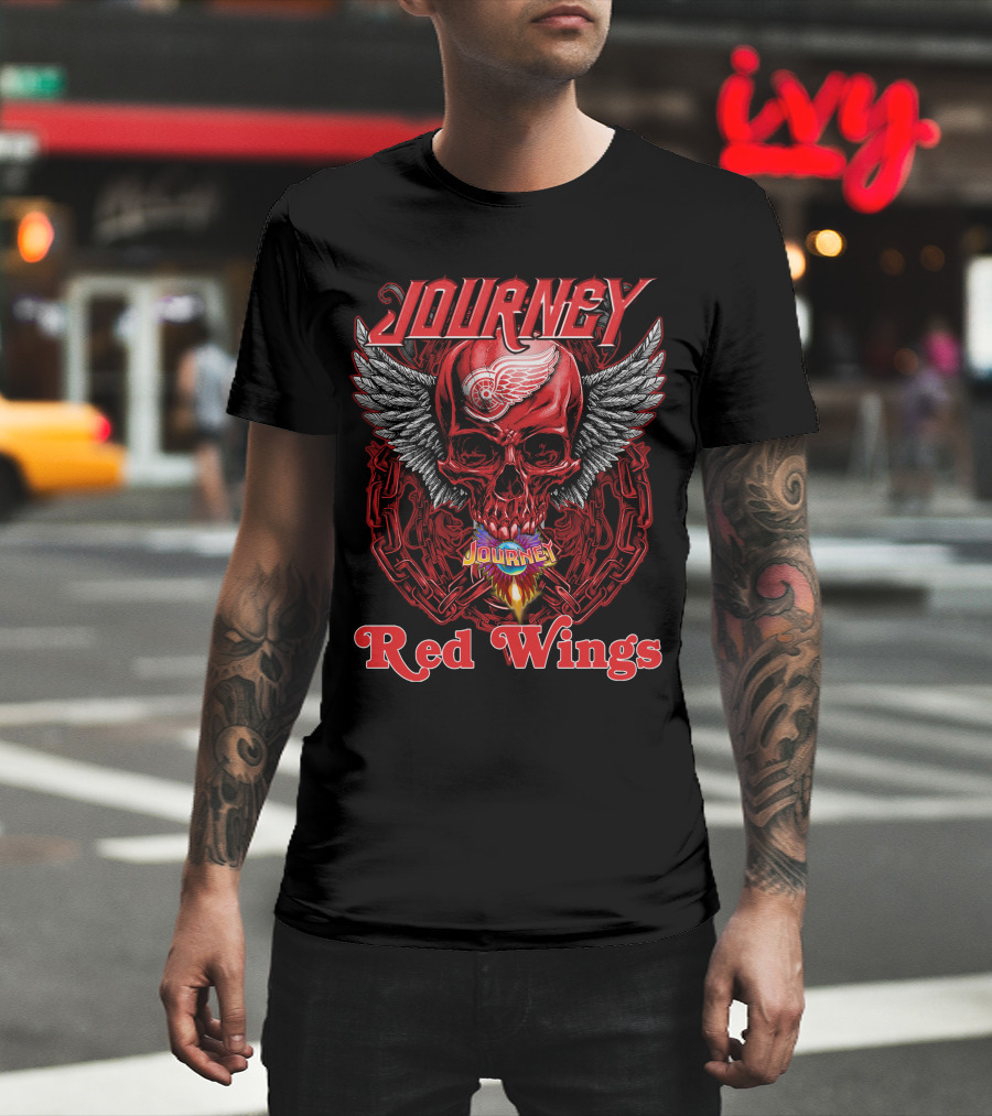 Journey Detroit Red Wings Skull Wings Flame Chain T-Shirt