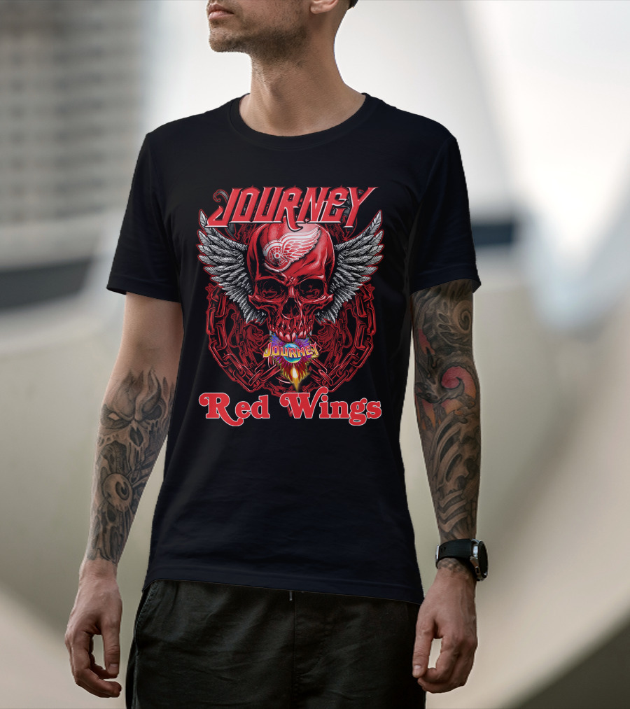Journey Detroit Red Wings Skull Wings Flame Chain T-Shirt