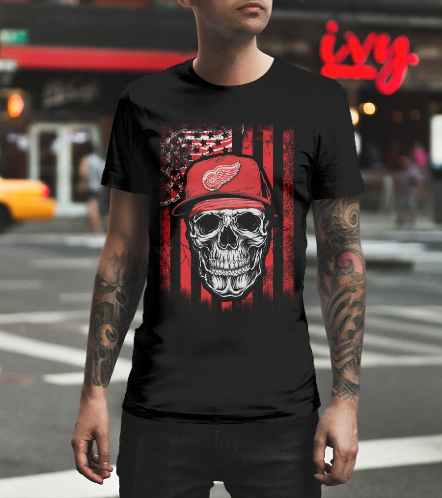 Skull Detroit Red Wings American Flag Hat T-Shirt
