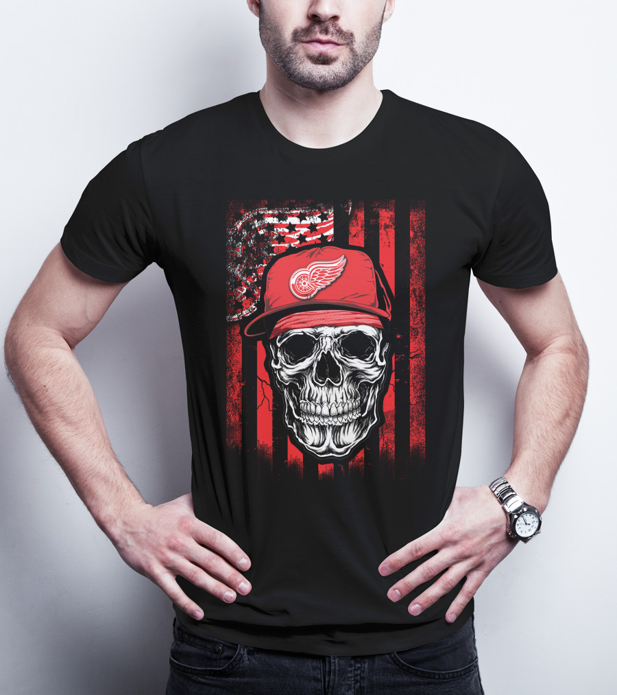 Skull Detroit Red Wings American Flag Hat T-Shirt