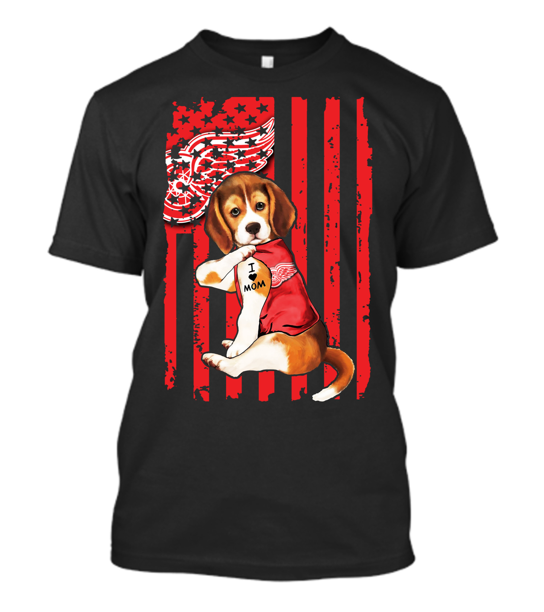 Beagle I Love Mom Detroit Red Wings Red Stripes T-Shirt
