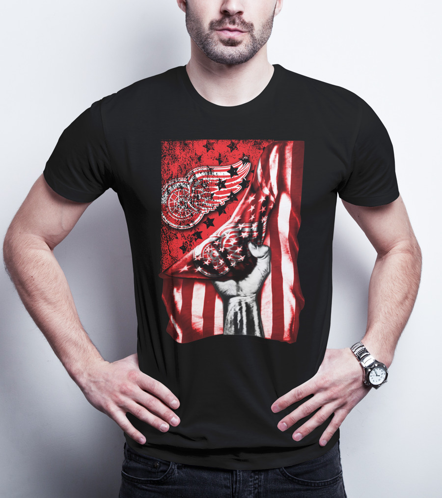 Detroit Red Wings American Flag Fist Star Graphics T-Shirt