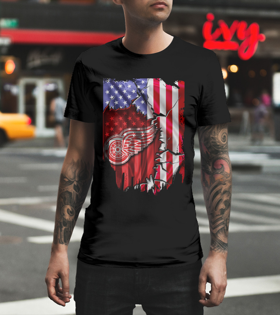 Flag Stars And Stripes Detroit Red Wings Winged Wheel T-Shirt