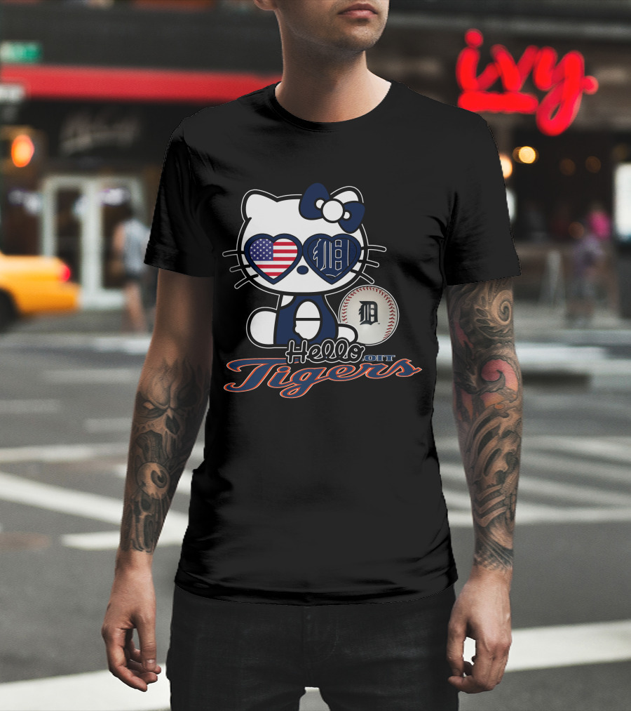 Hello Kitty Detroit Tigers American Flag Baseball T-Shirt