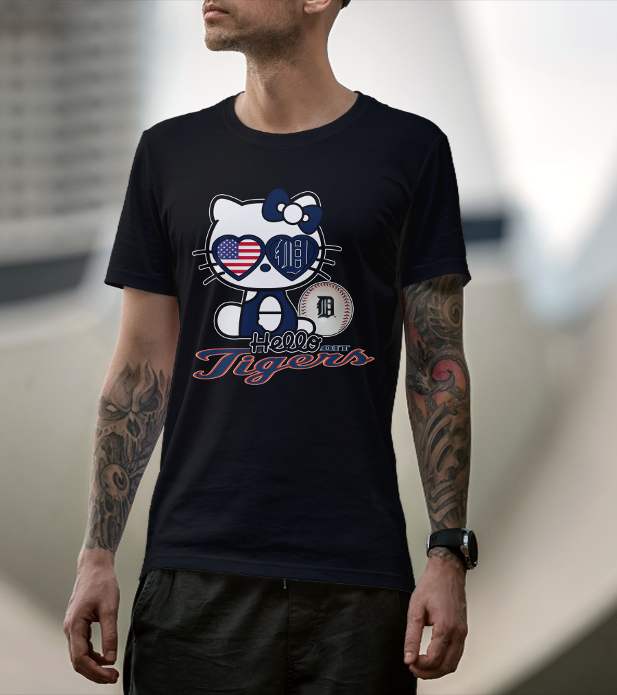 Hello Kitty Detroit Tigers American Flag Baseball T-Shirt