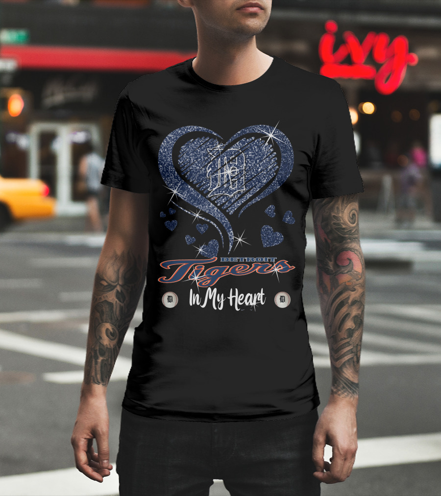 Detroit Tigers In My Heart Sparkling Logo And Hearts T-Shirt