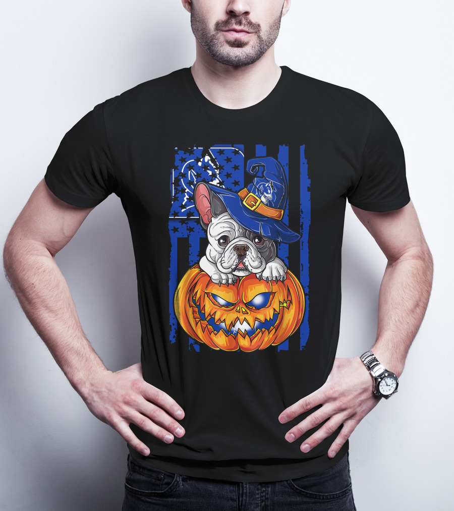 Hlw Bulldog On Duke Blue Devils Themed Halloween Pumpkin With Wizard Hat T-Shirt