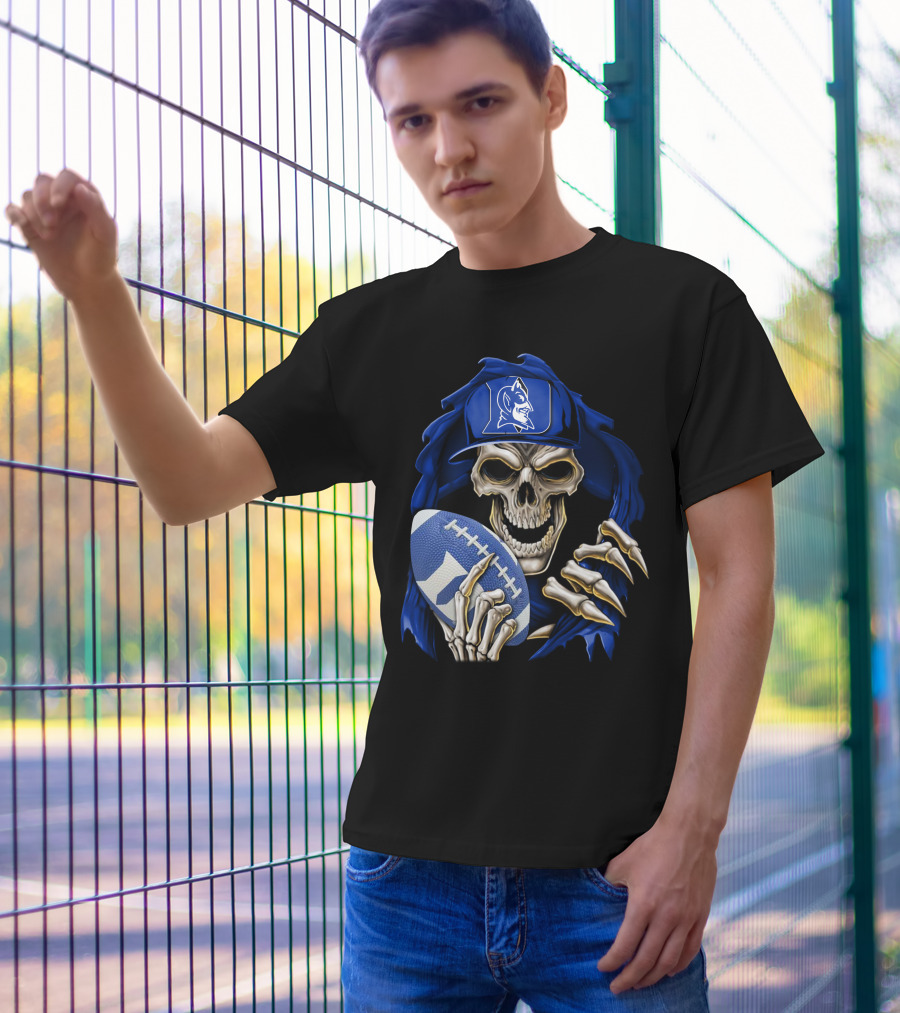 Duke Blue Devils Skull With Football And Logo Hat T-Shirt