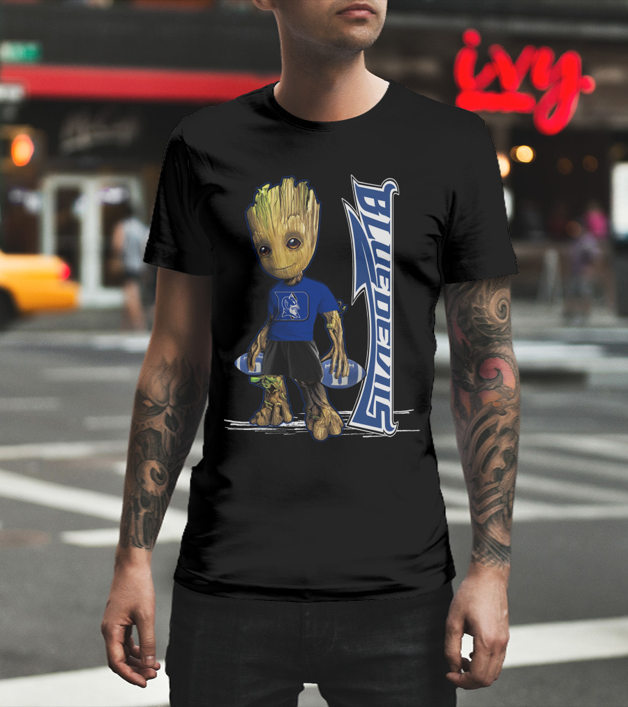 Groot Wearing Duke Blue Devils Shirt With Blue Devils Logo And Football T-Shirt