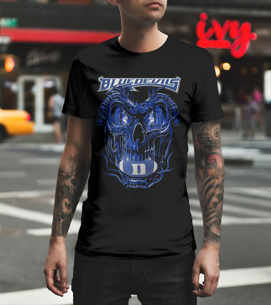 Dragonskull Duke Blue Devils Cybernetic Skull Football Faceplate T-Shirt