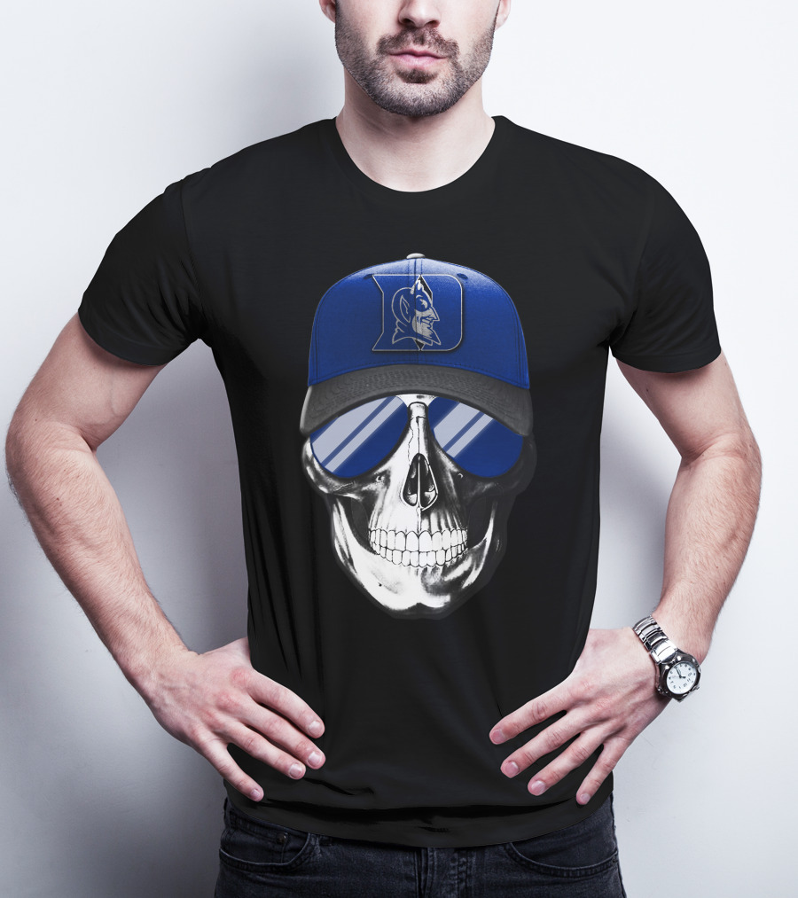 Skull Wearing Duke Blue Devils Logo Hat And Sunglasses T-Shirt